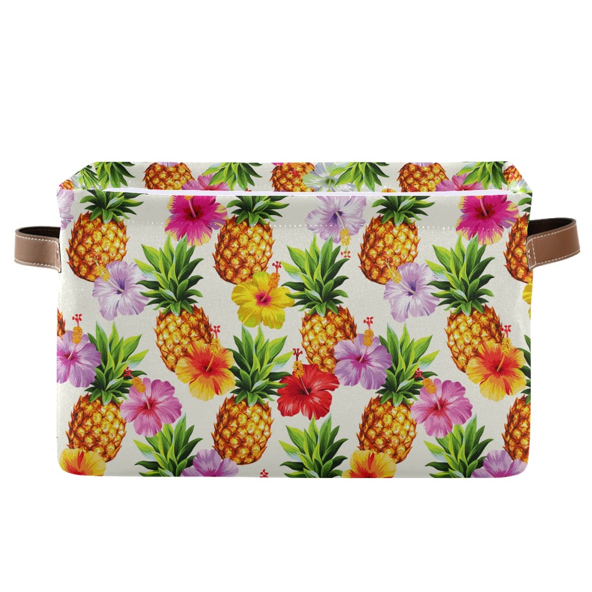 Hawaiian Pineapple Flowers Rectangular Storage Bin Basket with Handles - Organizer Bin for Toys, Books, Laundry Basket for Kids/Pets, Playroom