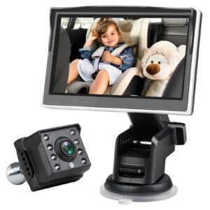 emsikc 5 inch ahd baby car mirror,1080p sucker bracket monitor display with infrared night vision function baby car camera,view infant in rear facing seat with 150°wide view