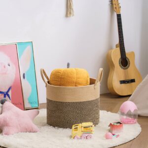 YOUDENOVA Blanket Basket Hamper for Living Room, Decorative Wicker Rope Basket for Blankets with Handles, Small Round Woven Laundry Basket, Cute Jute Hamper for Baby, Bedroom, Brown, 16" W × 14"L…