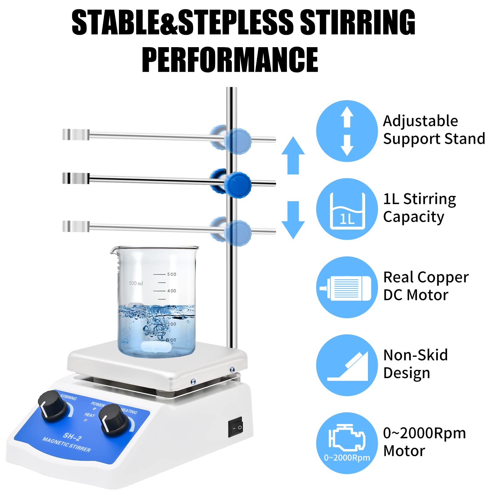 Lab Magnetic Stirrer Plate Hot Stir Mixer with Stirring Bar Heating Electric Mixing Machine for Chemistry Equipment 1000ml Capacity 100~2000 RPM Speed Resin Epoxy Stirring Bar & Support Stand Included