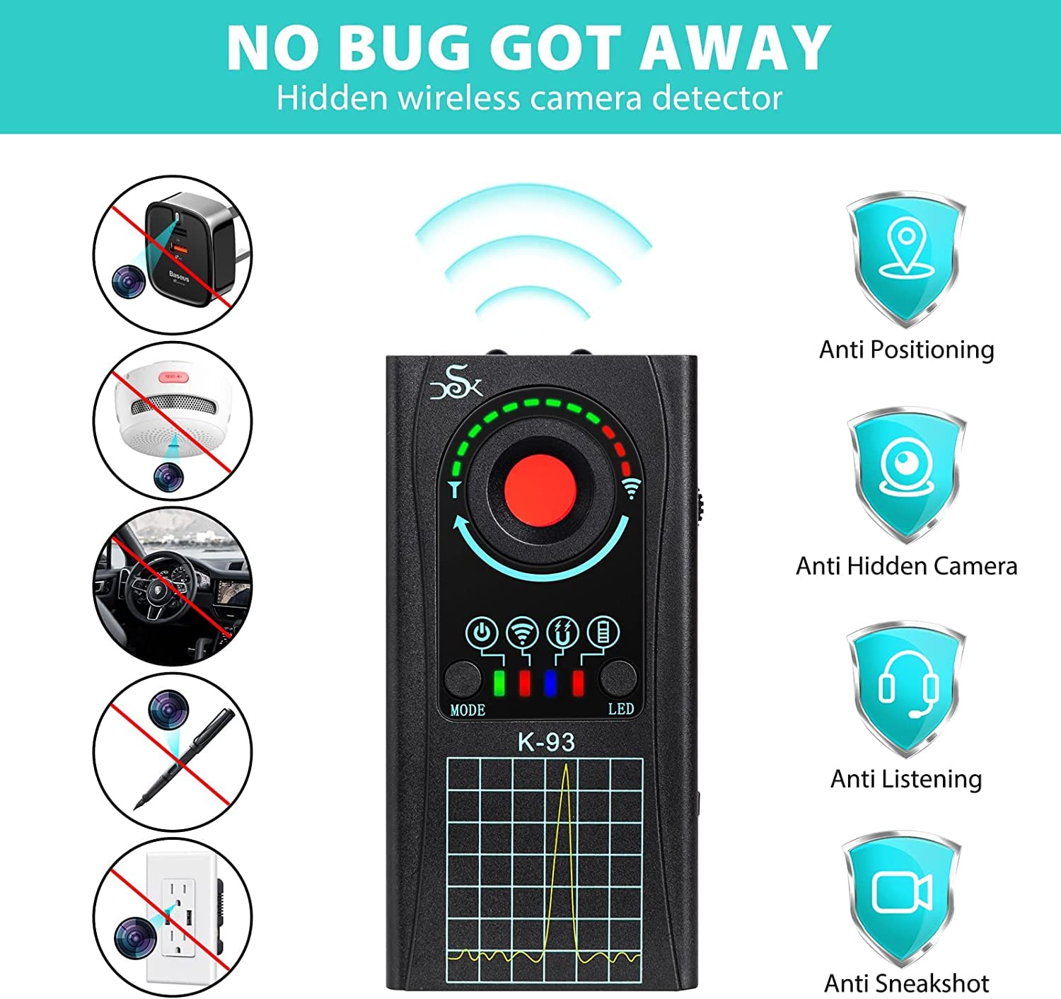 QNTT Hidden Camera Detectors, Anti Spy Detector, Hidden Camera Bug Detector Wand 12 Levels Sensitivity RF Signal Detector for GPS Tracker Audio Device