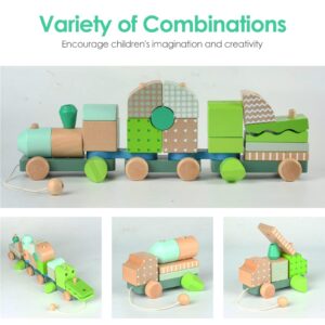 Toddler Montessori Toy, Wooden Block Train Set Stackable Building Blocks Toy Shape Sorter Toy Green Alligator Pull Toy for Baby Boy Ages 2 4 3 Years Birthday Gift Early Learning Educational Toy