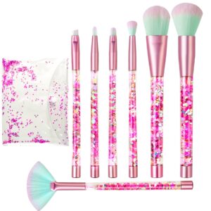 hawetimher makeup brush set pink glitter,unicorn foundation sparkles cute fan powder blush lip highlight eye shadow eyebrow makeup brushes set with liquid and case for girls teen kids gift present