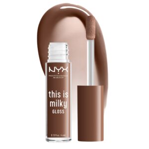 nyx professional makeup this is milky gloss, vegan lip gloss, 12 hour hydration - milk the coco (chocolate brown)