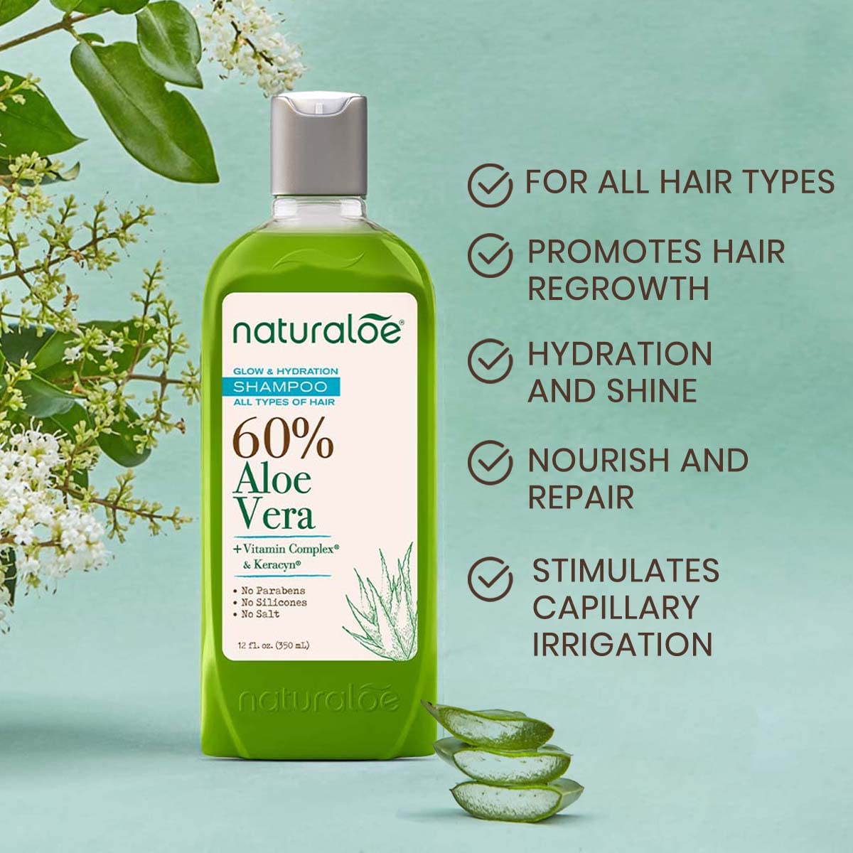 Naturaloe - Glow & Hydration Shampoo - 100% Vegan Formula Infused with 60% Aloe Vera Gel, EcoFriendly, Cruelty Free, No Parabens, No Silicones - 12 fl oz