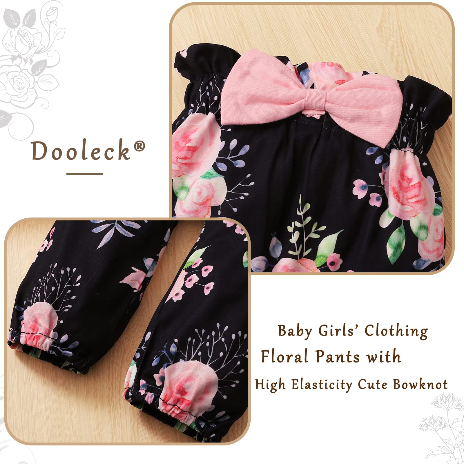 DOOLECK Little Sister Big Sister Outfits Matching Set Baby Girl Long Sleeve Ruffle Tops Romper Floral Pants Headband 3PCS Clothes Set (0-3 Months, Little Sister, Pink)