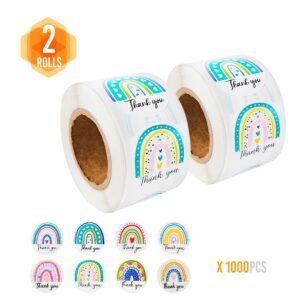 2Rolls-1000PCS 1.5" Rainbow Patterned Thank You Stickers | 8 Different Design Thank You Designs for Business Packaging, Thank You Labels for Gifts Bags, Boxes and Envelope Sealing (Rainbow)