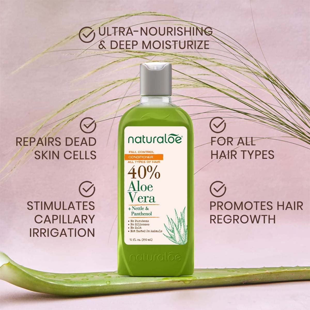 Naturaloe - Hair Fall Control Conditioner - 100% Vegan Formula Infused with 40% Aloe Vera Gel, EcoFriendly, Cruelty Free, No Parabens, No Silicones - 12 fl oz