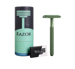 the grooming society double edge safety razor (closed comb),safety shaving razor,safety razor for men or women,with 10 blades metal razor(green)