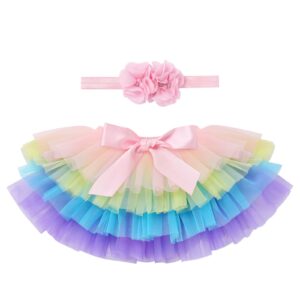 baby girls rainbow tutu skirt with headband sets toddler girl tulle bloomers diaper covers bowknot bottom skirts skorts tutu for baby girl 1st birthday cake smash outfit rainbow 6-12 months