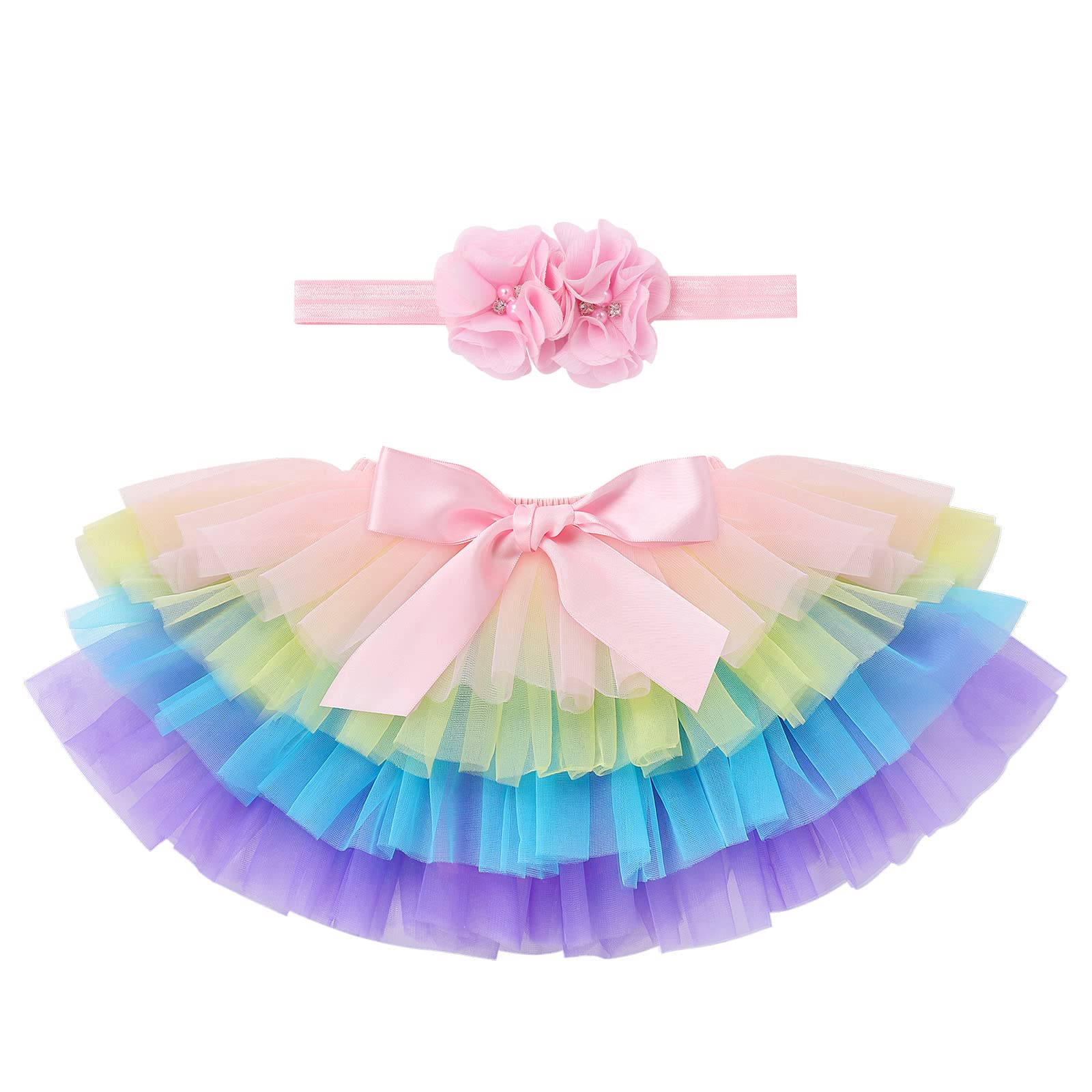 Baby Girls Rainbow Tutu Skirt with Headband Sets Toddler Girl Tulle Bloomers Diaper Covers Bowknot Bottom Skirts Skorts Tutu for Baby Girl 1st Birthday Cake Smash Outfit Rainbow 6-12 Months