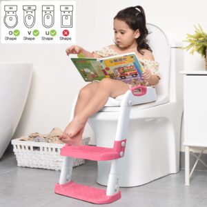 Toilet Potty Training Seat with Step Stool Ladder, SKYROKU Toddler Potty Seat for Kids and Toddler Boys Girls, Splash Guard and Safety Handles(Hot Pink)