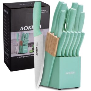 aokeda 15pcs kitchen knife set with block, sharpener and scissor, stainless steel knives with extre-light straw handle (mint green)