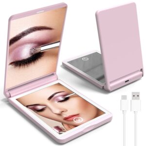 uligood [2023 latest] travel mirror with light, 1x/3x magnification lighted pocket mirror, touch switch compact mirror with led light, 2-sided, portable, folding, handheld, small compact mirror(pink)