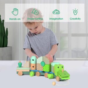 Toddler Montessori Toy, Wooden Block Train Set Stackable Building Blocks Toy Shape Sorter Toy Green Alligator Pull Toy for Baby Boy Ages 2 4 3 Years Birthday Gift Early Learning Educational Toy