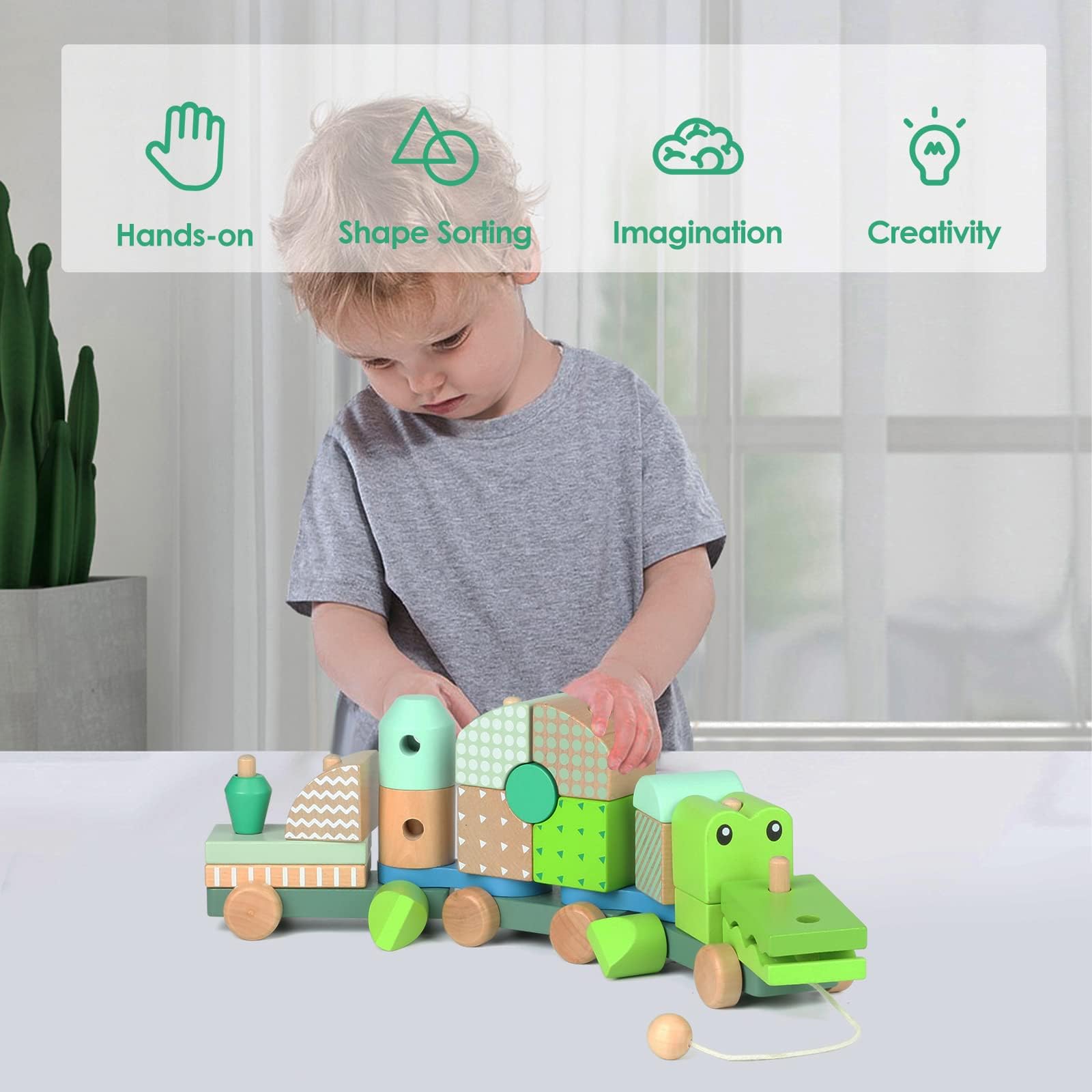 Toddler Montessori Toy, Wooden Block Train Set Stackable Building Blocks Toy Shape Sorter Toy Green Alligator Pull Toy for Baby Boy Ages 2 4 3 Years Birthday Gift Early Learning Educational Toy