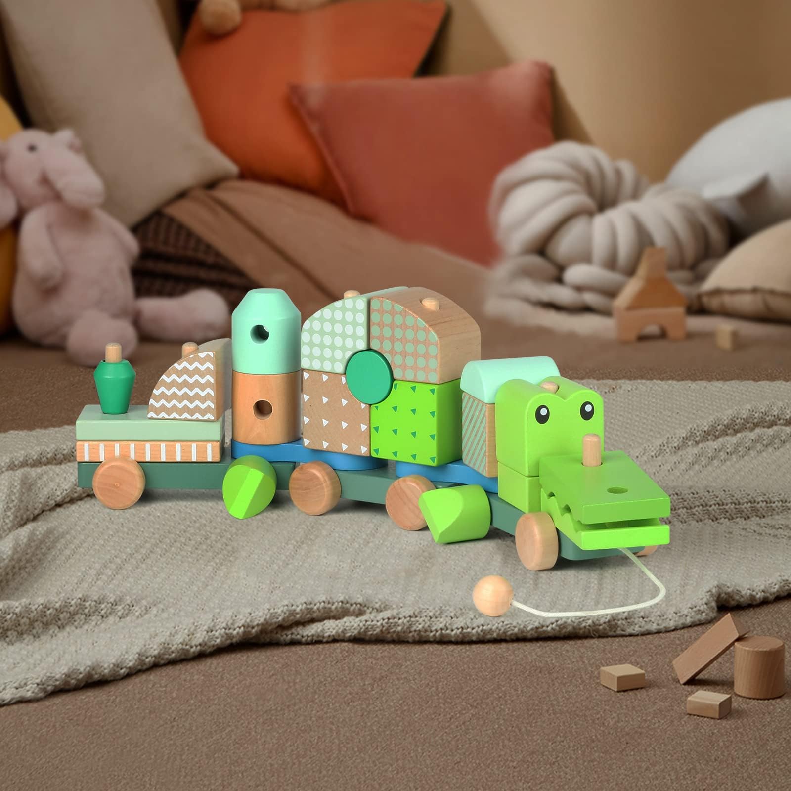 Toddler Montessori Toy, Wooden Block Train Set Stackable Building Blocks Toy Shape Sorter Toy Green Alligator Pull Toy for Baby Boy Ages 2 4 3 Years Birthday Gift Early Learning Educational Toy