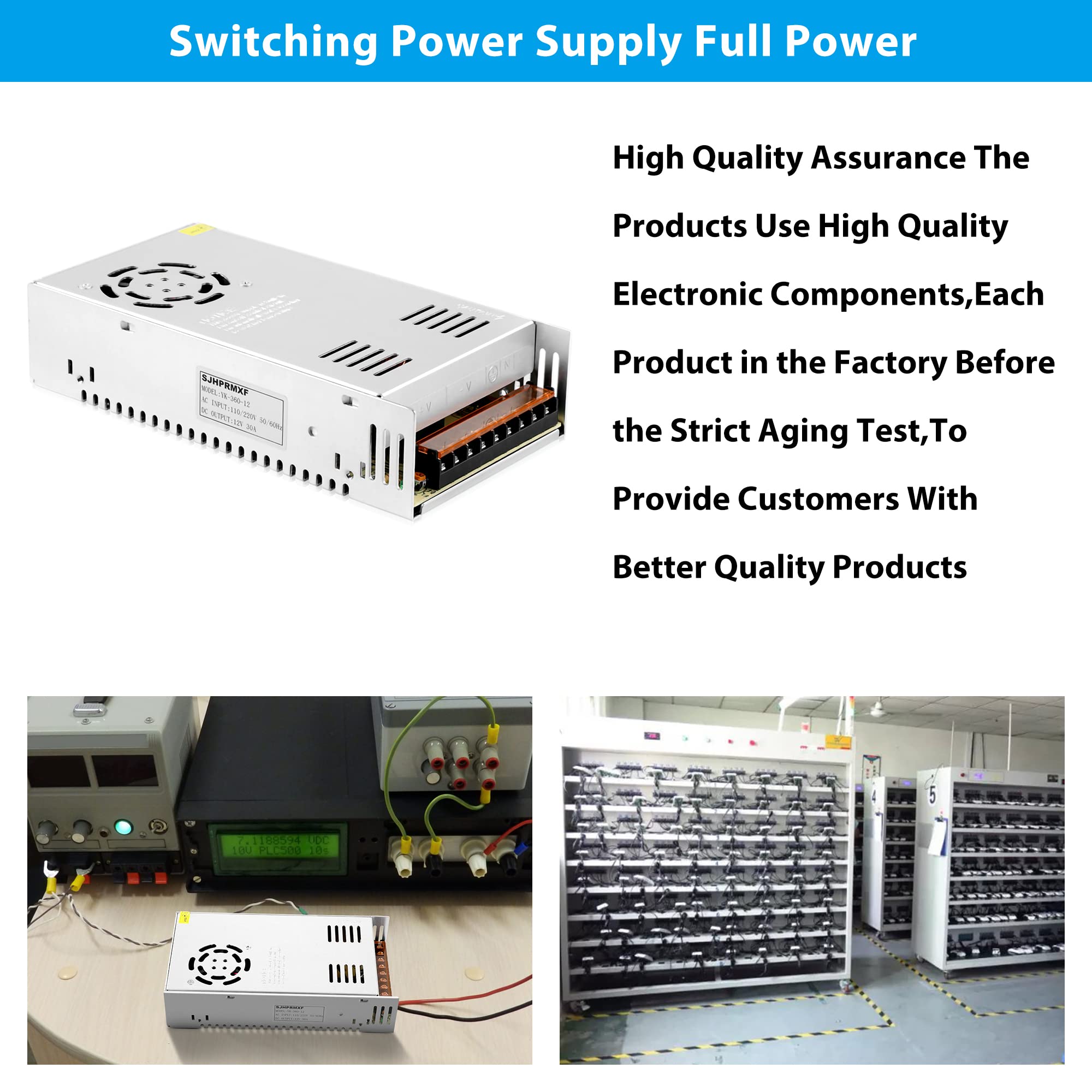 Switching Power Supply, SJHPRMXF AC 110V/220V to DC 12V 30A 360W Universal Regulated Switching Power Supply Transformer Adapter LED Driver for LED Strip, CCTV Camera System, Radio