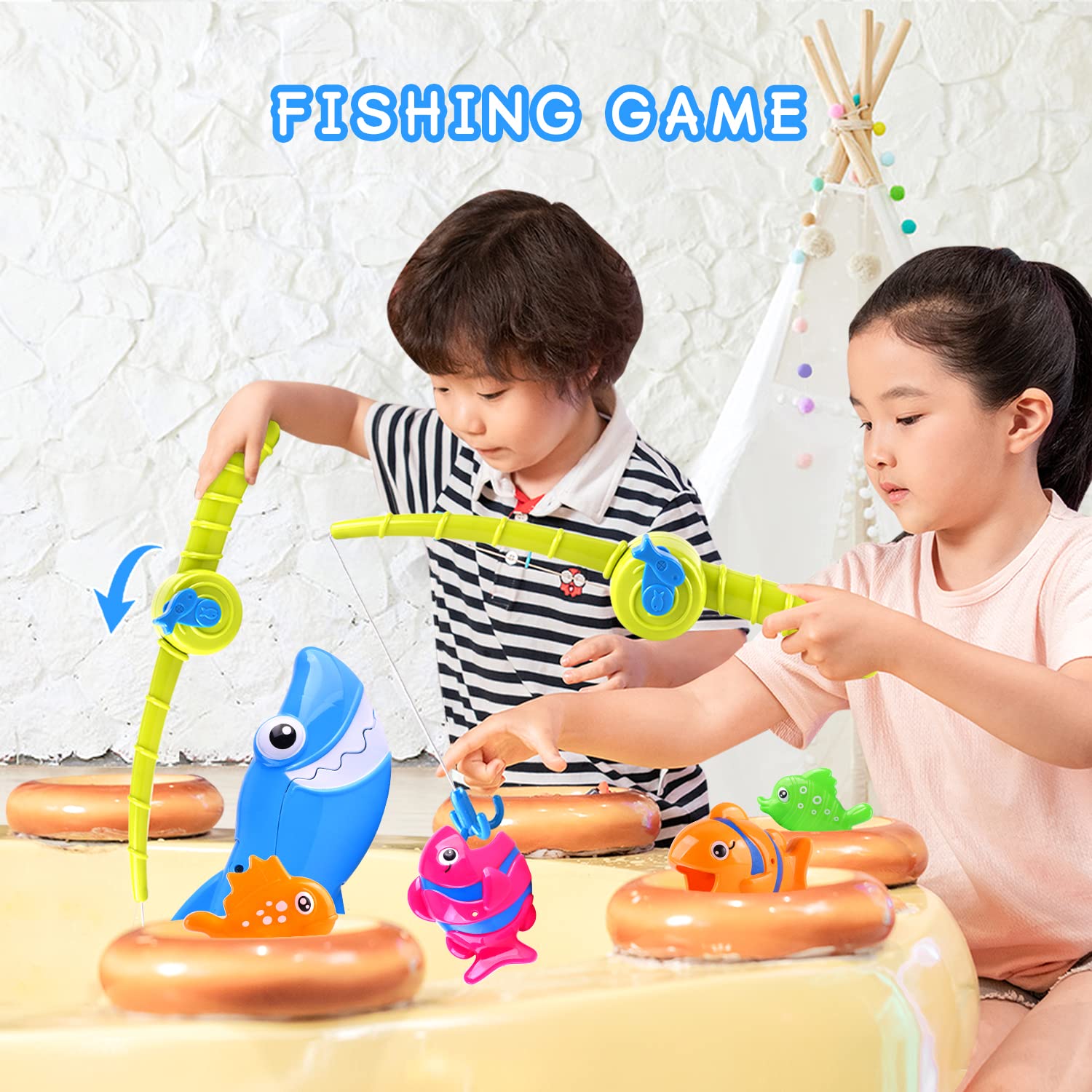 Bath Toys Baby Bath Essentials Fishing Pole Games Swimming Shark Grabber Water Table Pool Bath Time Infant Bathtub Toy Set Non Toxic Mold Free Bath Toys for Kids Ages 3 4 5 6 7 8 Boys Girls