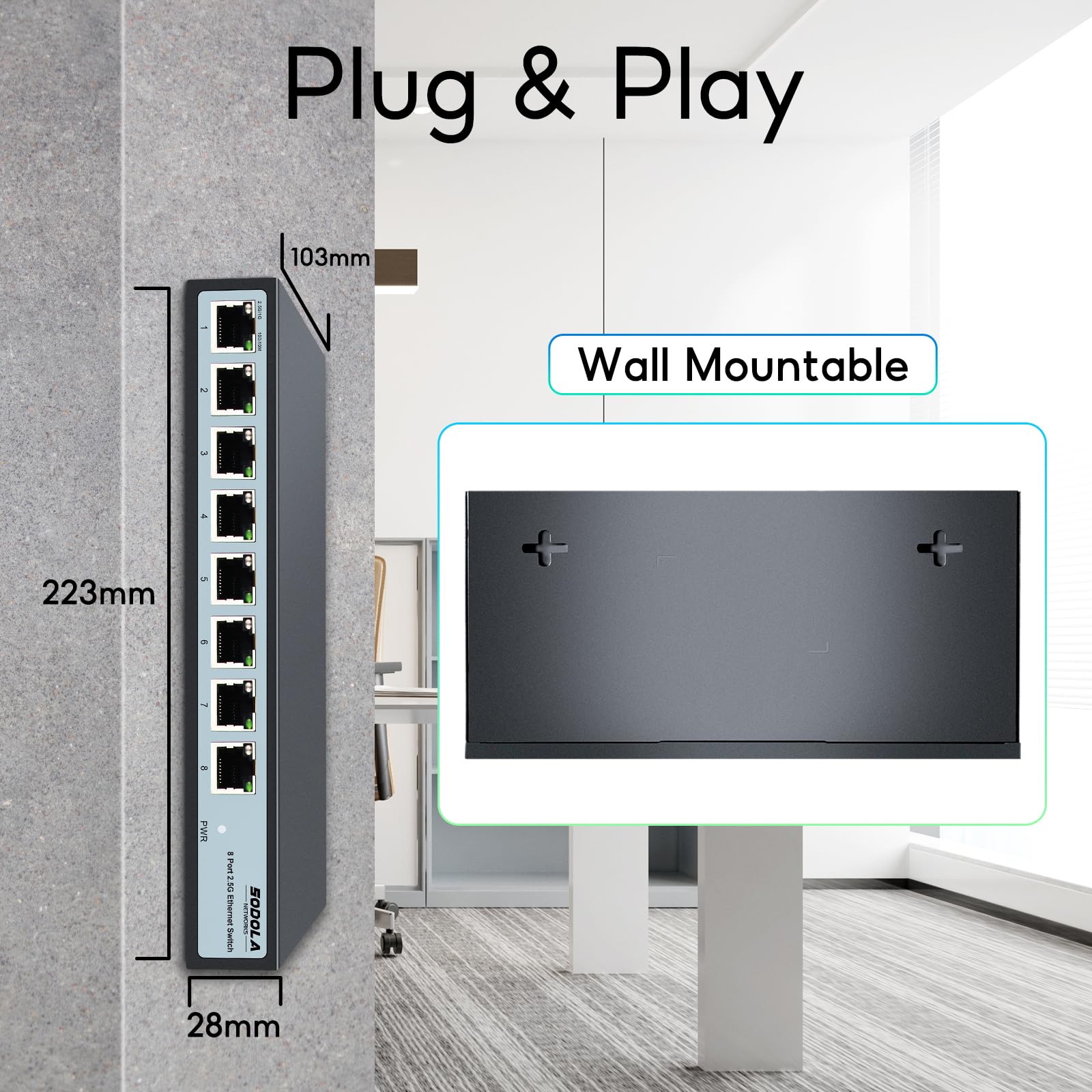 SODOLA 8-Port Unmanaged 2.5G Switch| 8 x 2.5GBASE-T Ports,128Gbps Switching Capacity, Plug & Play/Desktop-Mount/Fanless Metal Design for Home Entertainment or SOHO Networking