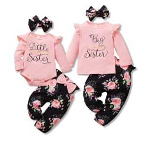 dooleck little sister big sister outfits matching set baby girl long sleeve ruffle tops romper floral pants headband 3pcs clothes set (0-3 months, little sister, pink)