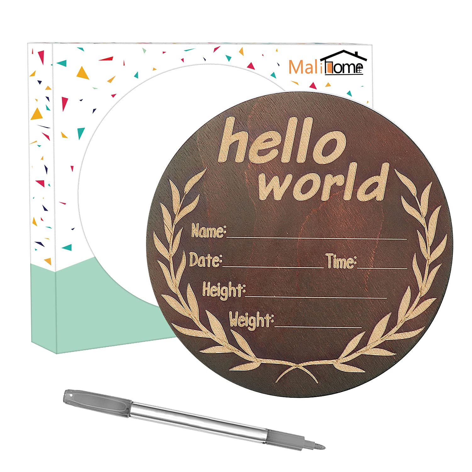 Wooden Birth Announcement 5.8 Inch Newborn Baby Name Sign Hello World Wooden Disc for Hospital Pictures & Photo Prop (Brown Color)