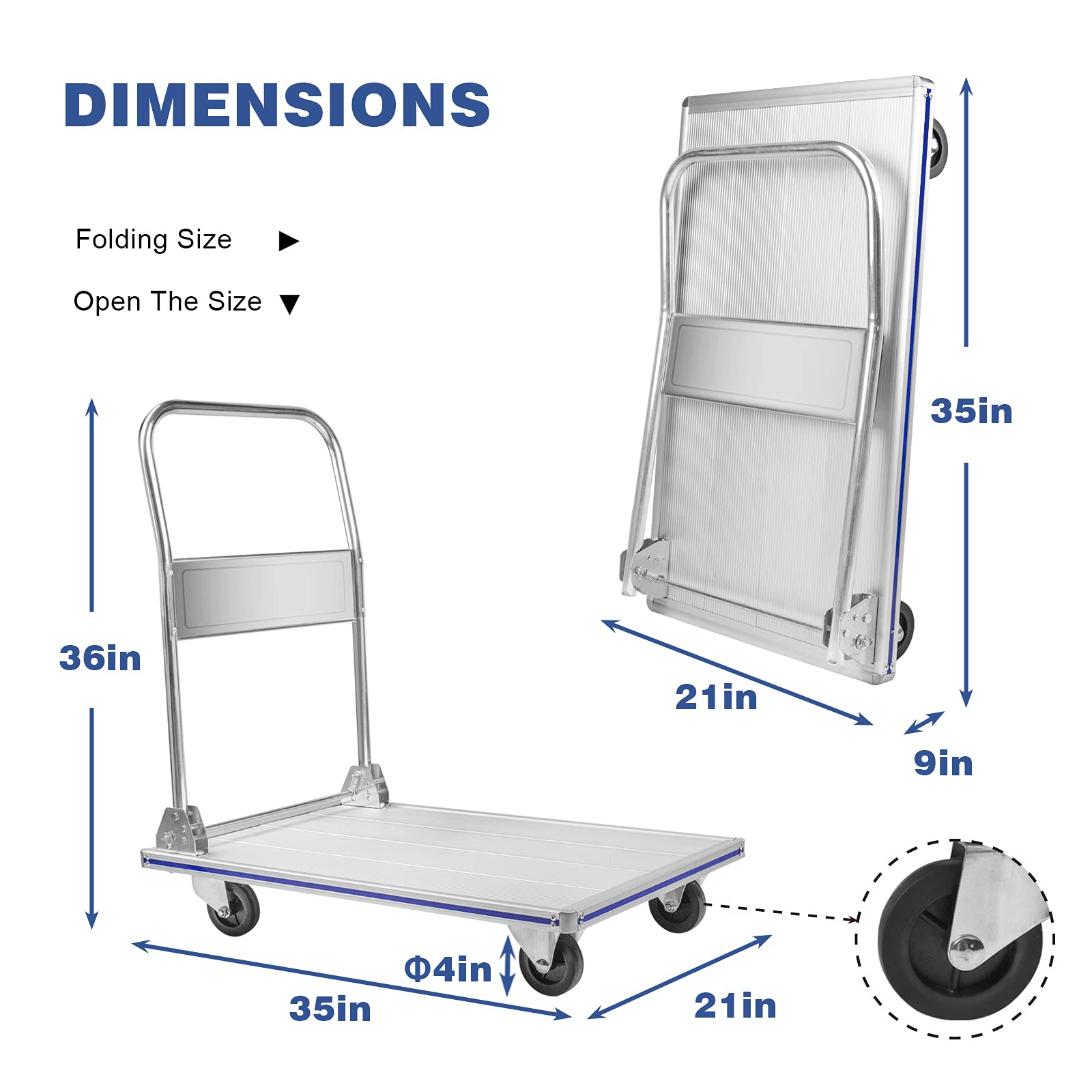 LEADALLWAY Platform Truck 35" Lx21 W Large Size Foldable Push Cart Dolly Aluminum Heavy Duty 800lbs Capacity