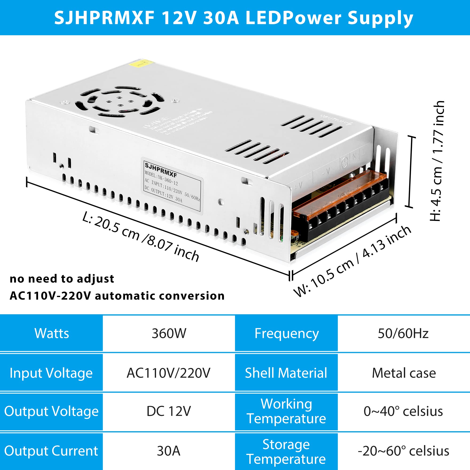 Switching Power Supply, SJHPRMXF AC 110V/220V to DC 12V 30A 360W Universal Regulated Switching Power Supply Transformer Adapter LED Driver for LED Strip, CCTV Camera System, Radio