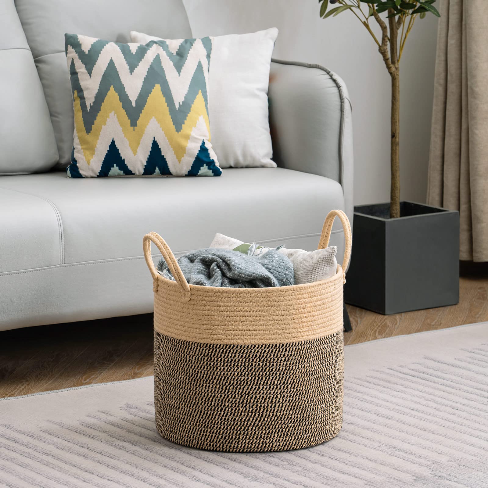 YOUDENOVA Blanket Basket Hamper for Living Room, Decorative Wicker Rope Basket for Blankets with Handles, Small Round Woven Laundry Basket, Cute Jute Hamper for Baby, Bedroom, Brown, 16" W × 14"L…