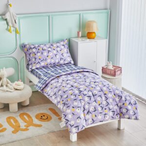 100% cotton 4 pieces purple floral toddler bedding set with yellow and white flowers includes adorable quilted purple comforter, plaid fitted sheet, top sheet, and pillow case for boys girls