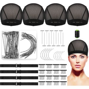 95 pieces mesh dome cap stretchable mesh wig caps black hair weaving thread hair extension accessory thread with needles lot wig combs wig clips and adjustable elastic bands wig straps for women men