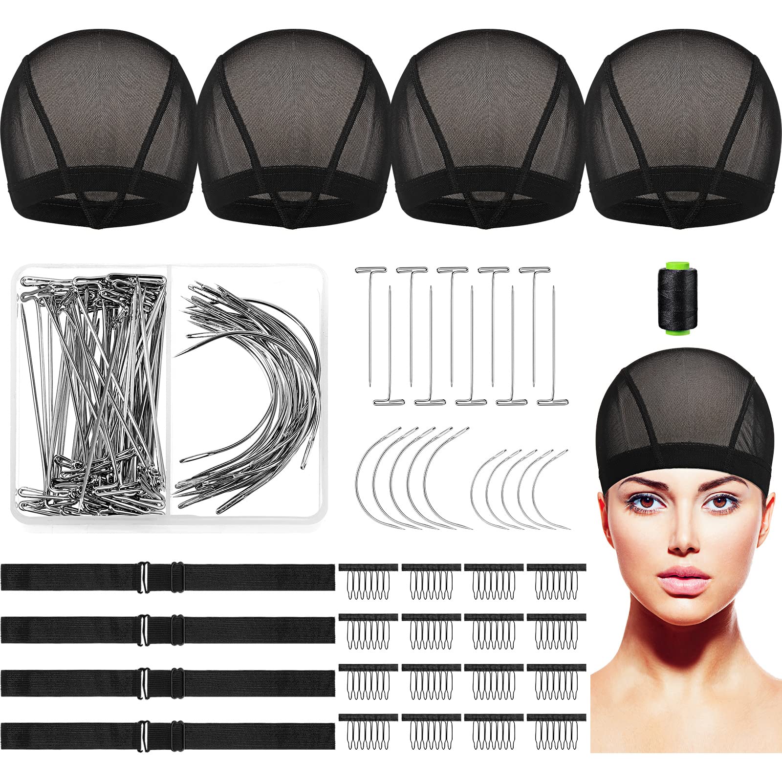 95 Pieces Mesh Dome Cap Stretchable Mesh Wig Caps Black Hair Weaving Thread Hair Extension Accessory Thread with Needles Lot Wig Combs Wig Clips and Adjustable Elastic Bands Wig Straps for Women Men