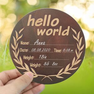 Wooden Birth Announcement 5.8 Inch Newborn Baby Name Sign Hello World Wooden Disc for Hospital Pictures & Photo Prop (Brown Color)