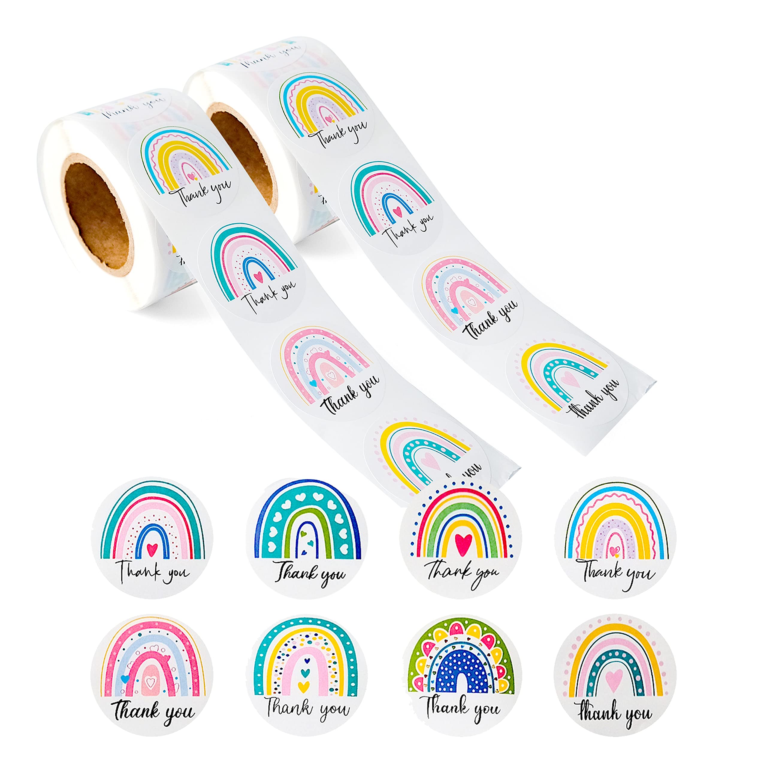 2Rolls-1000PCS 1.5" Rainbow Patterned Thank You Stickers | 8 Different Design Thank You Designs for Business Packaging, Thank You Labels for Gifts Bags, Boxes and Envelope Sealing (Rainbow)