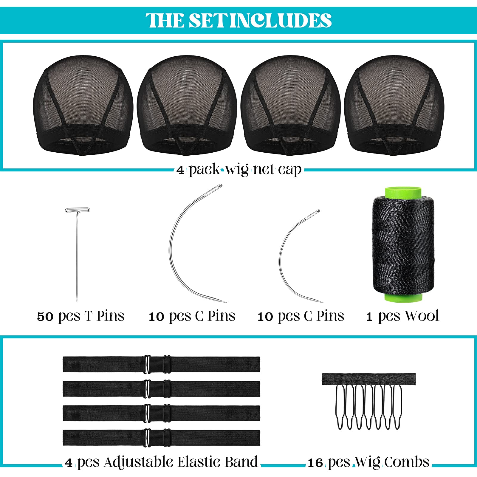 95 Pieces Mesh Dome Cap Stretchable Mesh Wig Caps Black Hair Weaving Thread Hair Extension Accessory Thread with Needles Lot Wig Combs Wig Clips and Adjustable Elastic Bands Wig Straps for Women Men