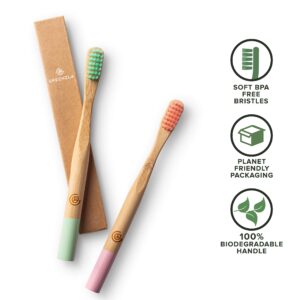 GREENZLA Bamboo Toothbrush Family Bundle | 4 Pack Adult Travel Toothbrush with Case and Charcoal Dental Floss | 6 Pack BPA Free Soft Bristle Kids Toothbrush