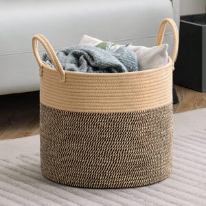 youdenova blanket basket hamper for living room, decorative wicker rope basket for blankets with handles, small round woven laundry basket, cute jute hamper for baby, bedroom, brown, 16" w × 14"l…