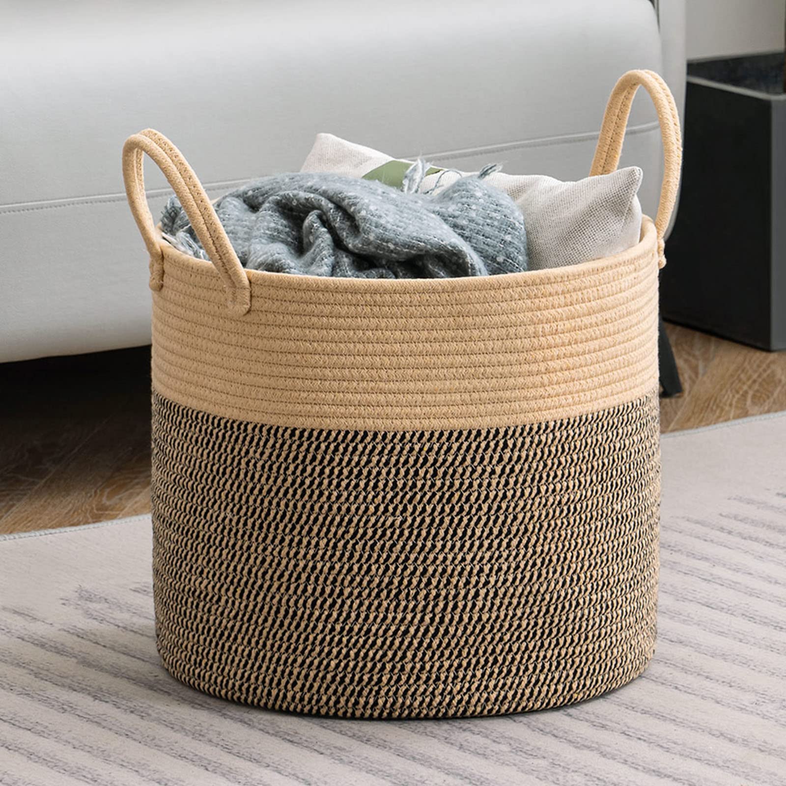 YOUDENOVA Blanket Basket Hamper for Living Room, Decorative Wicker Rope Basket for Blankets with Handles, Small Round Woven Laundry Basket, Cute Jute Hamper for Baby, Bedroom, Brown, 16" W × 14"L…