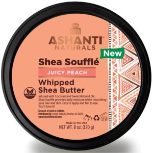 ashanti naturals scented whipped shea butter for skin | african body butter for women w/coconut, almond oil (juicy peach souffle, 8 oz)