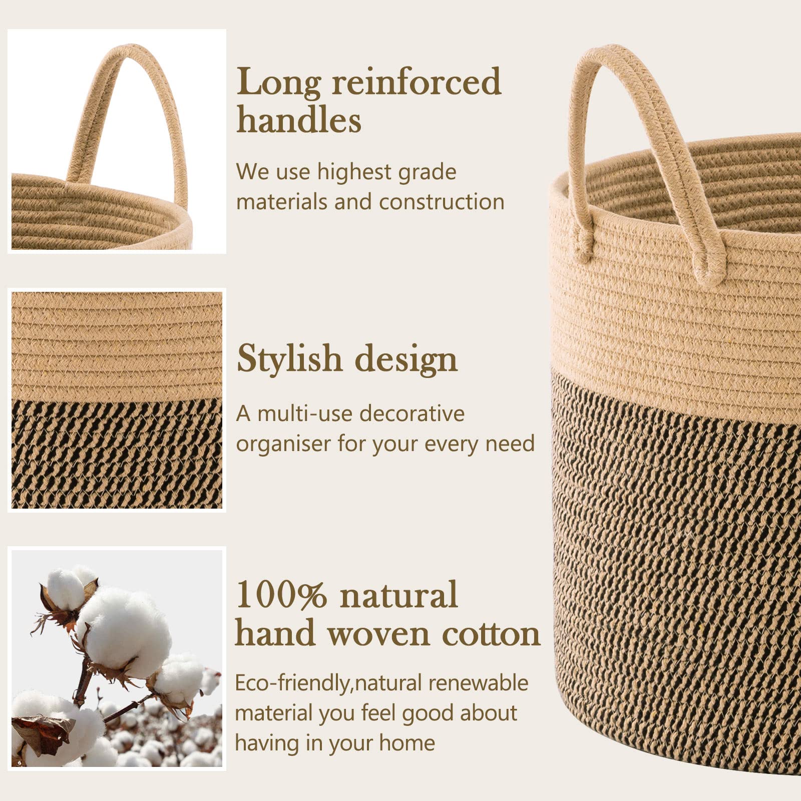 YOUDENOVA Blanket Basket Hamper for Living Room, Decorative Wicker Rope Basket for Blankets with Handles, Small Round Woven Laundry Basket, Cute Jute Hamper for Baby, Bedroom, Brown, 16" W × 14"L…