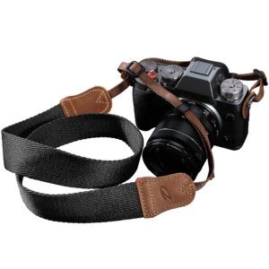 Padwa Lifestyle Black Camera Strap - Double Layer Crazy Horse Cowhide Head,1.5" Wide Pure Cotton Woven Camera Straps,Adjustable Neck Shoulder Strap for All DSLR Cameras,Great Gift for Photographers