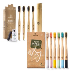 greenzla bamboo toothbrush family bundle | 4 pack adult travel toothbrush with case and charcoal dental floss | 6 pack bpa free soft bristle kids toothbrush