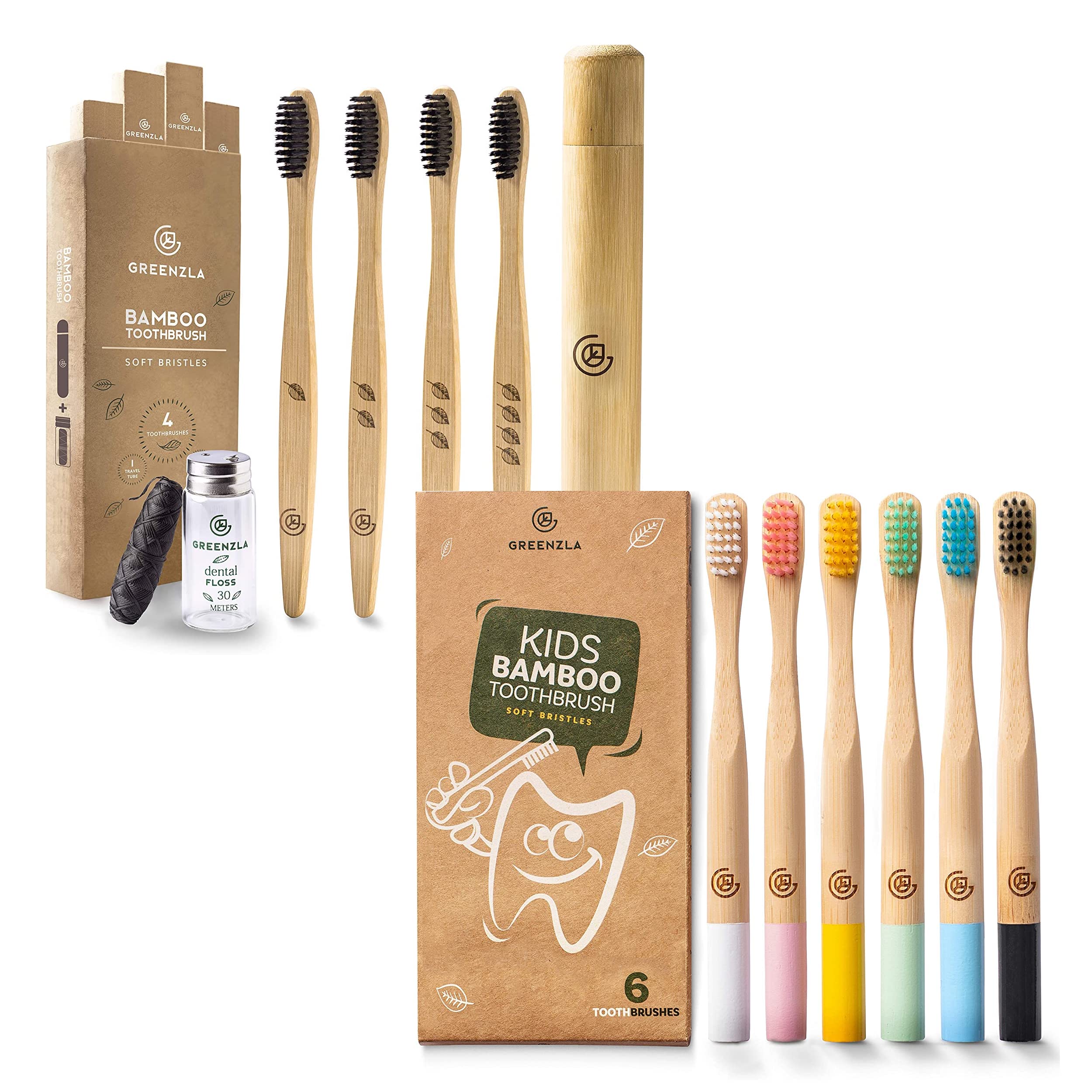 GREENZLA Bamboo Toothbrush Family Bundle | 4 Pack Adult Travel Toothbrush with Case and Charcoal Dental Floss | 6 Pack BPA Free Soft Bristle Kids Toothbrush