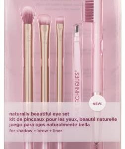 Naturally Beautiful Eye Set by Real Techniques for Women - 5 Pc Tapered Shadow Brush - 355, Brow Highlighter Brush - 354, Flat Liner Brush - 326, Brow Duo Brush - 353, Fine Point Tweezer