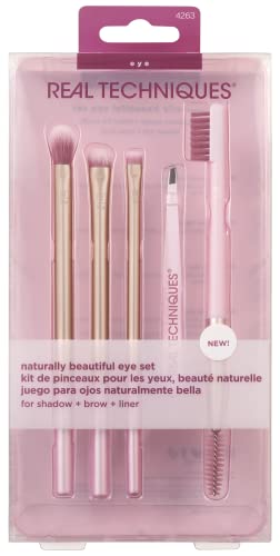 Naturally Beautiful Eye Set by Real Techniques for Women - 5 Pc Tapered Shadow Brush - 355, Brow Highlighter Brush - 354, Flat Liner Brush - 326, Brow Duo Brush - 353, Fine Point Tweezer