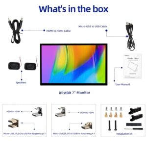 iPistBit 7" IPS LCD Touch Screen, No-Cable-Needed 1024X600 Dual-Speaker HDMI Small Touchscreen Monitor Compatible with Raspberry Pi 5 4 3 2 Zero B B+, Windows 11 10 8 7, Drive-Free