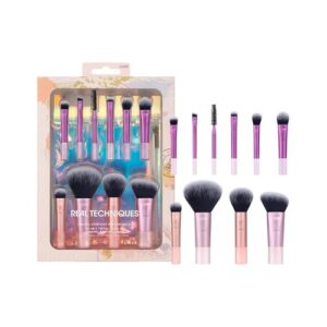 real techniques 11 piece travel fantasy mini brush set, travel size makeup brushes for foundation eyeshadow, powder, blush, contour, & concealer, makeup bag included, gift set, cruelty-free