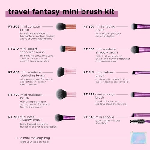 Real Techniques 11 Piece Travel Fantasy Mini Brush Set, Travel Size Makeup Brushes For Foundation Eyeshadow, Powder, Blush, Contour, & Concealer, Makeup Bag Included, Gift Set, Cruelty-Free