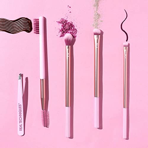 Naturally Beautiful Eye Set by Real Techniques for Women - 5 Pc Tapered Shadow Brush - 355, Brow Highlighter Brush - 354, Flat Liner Brush - 326, Brow Duo Brush - 353, Fine Point Tweezer