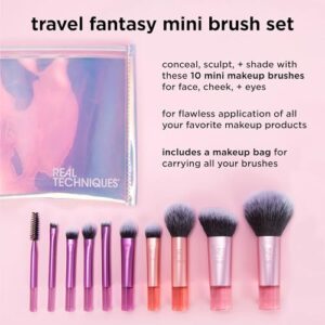 Real Techniques 11 Piece Travel Fantasy Mini Brush Set, Travel Size Makeup Brushes For Foundation Eyeshadow, Powder, Blush, Contour, & Concealer, Makeup Bag Included, Gift Set, Cruelty-Free